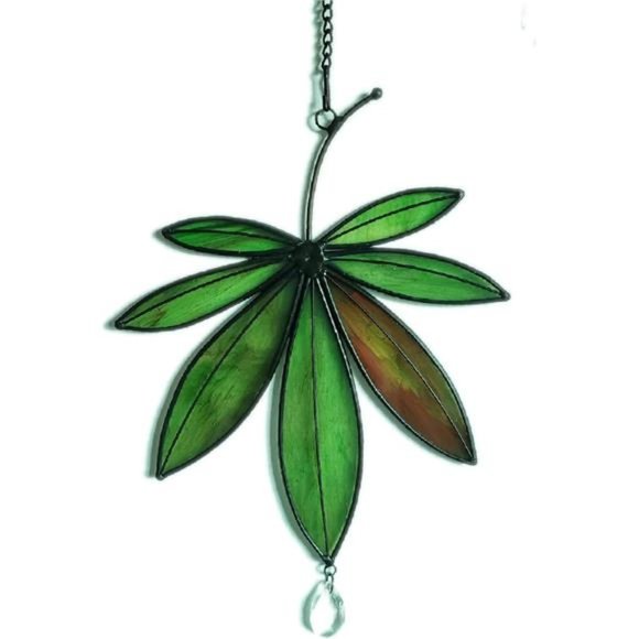 Accents | Stained Glass Green Leaves Window Hanging Suncatcher Handmade ...